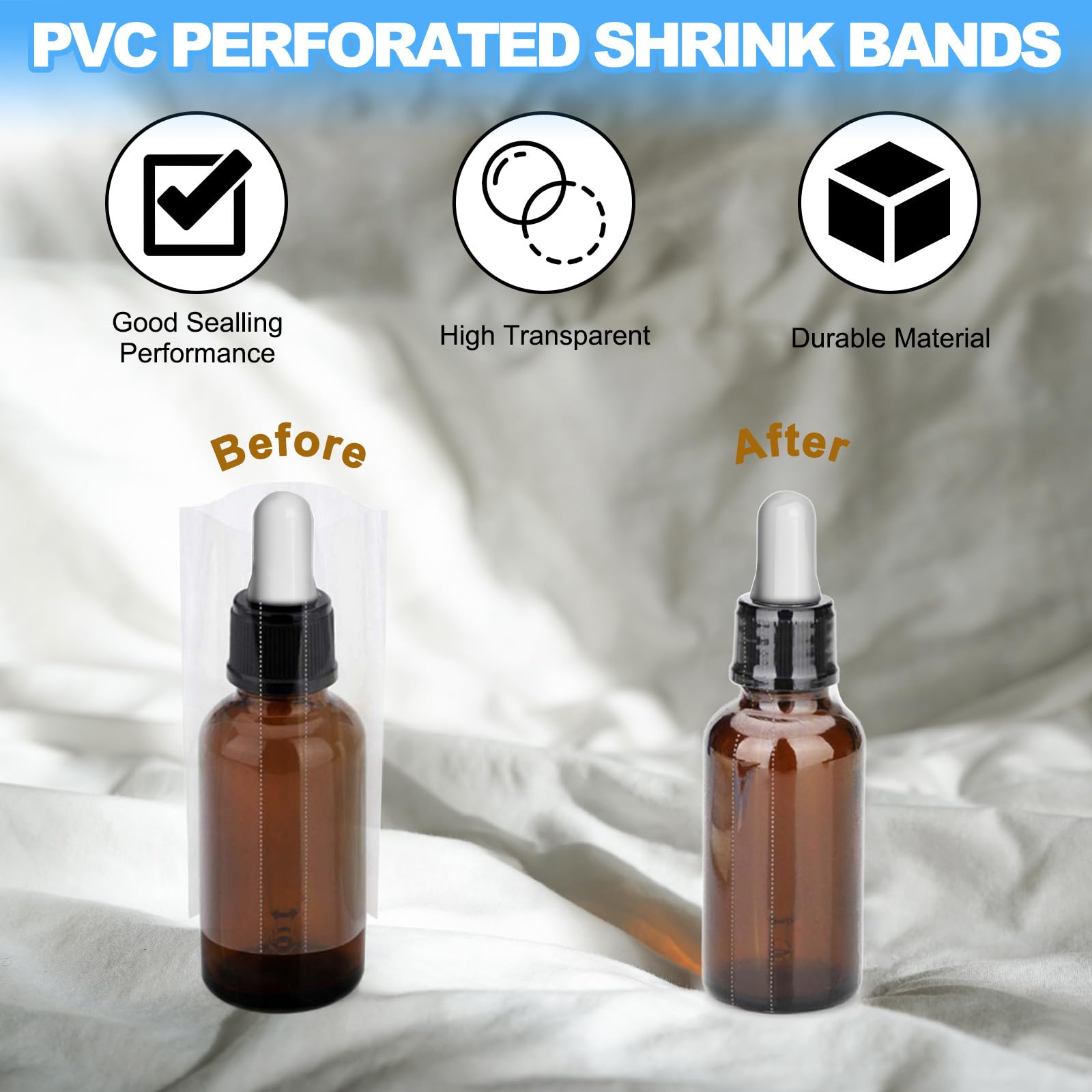 PATIKIL 61x103mm PVC Perforated Shrink Bands, 200Pcs Heat Shrink Seal Wrap Fit for 50ml Essential Oil Bottles Jars Cans Tins Fit for 2.9-3inch Cap Diameter, Clear