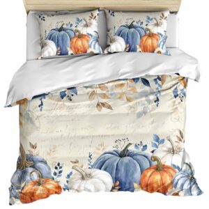 decorlovee fall blue pumpkins duvet cover set 3 pieces, thanksgiving orange gray botanical rustic bedding sets 1 duvet cover & 2 pillow cases, comforter cover set duvet cover california king