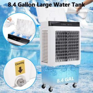 TROPOW 1800CFM Evaporative Air Cooler, Swamp Cooler With 8.4 Gallon Water Tank & 4 Ice Packs, 3 Modes & Wind Speeds for Outdoor Indoor Garage