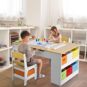 Kinder King Kids Art Table & Easel Chair Set, 3 in 1 Wood Children Activity Table, 6 Storage Bins, Paper Roll, Paint Cups, Toddler Craft and Play Table for Art, Drawing, Reading, Playroom, Natural