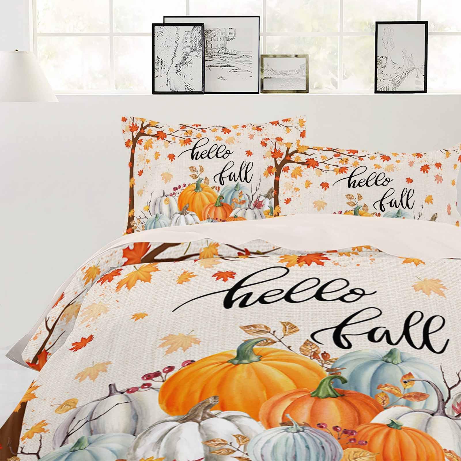 DecorLovee Hello Fall Duvet Cover Set 3 Pieces with Zipper Closure, Pumpkins Autumn Botanical Thanksgiving Rustic Bedding Sets 1 Duvet Cover & 2 Pillow Cases, Comforter Cover Set Duvet Cover Queen