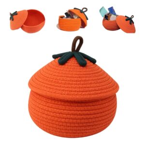 halloween pumpkin basket with lid,candy basket decorative cute basket, orange woven rope basket trick or treat bucket for caddy snacks organizer (l)