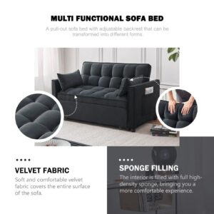 ECHINGLE Sleeper Sofa Bed, 3-in-1 Velvet Pull Out Couch with Armrests, Storage Pockets and 2 Pillows, Adjustable Backrest, Sofa Bed Couch for Living Room, Bedroom(Black)