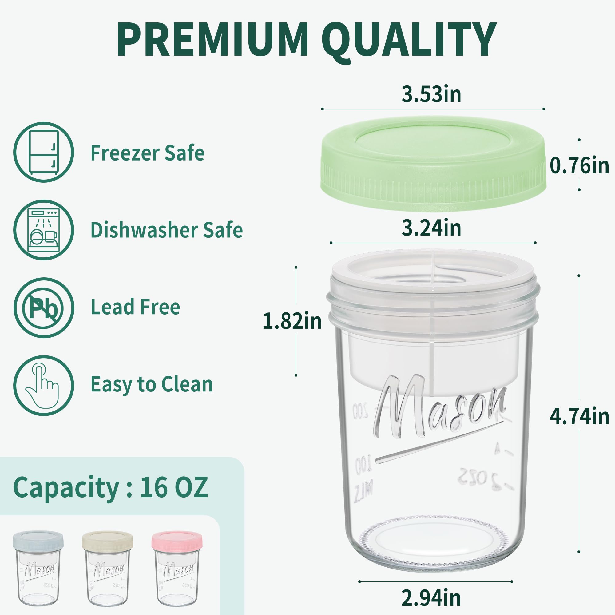 Xyptorix 16 oz Overnight Oats Containers with Lids, 4-Pack Leak-Proof Wide Mouth Mason Jars & Separate Compartments for Fruits/Nuts, Airtight Glass Jars for Chia Pudding, Yogurt, Parfait and Salad