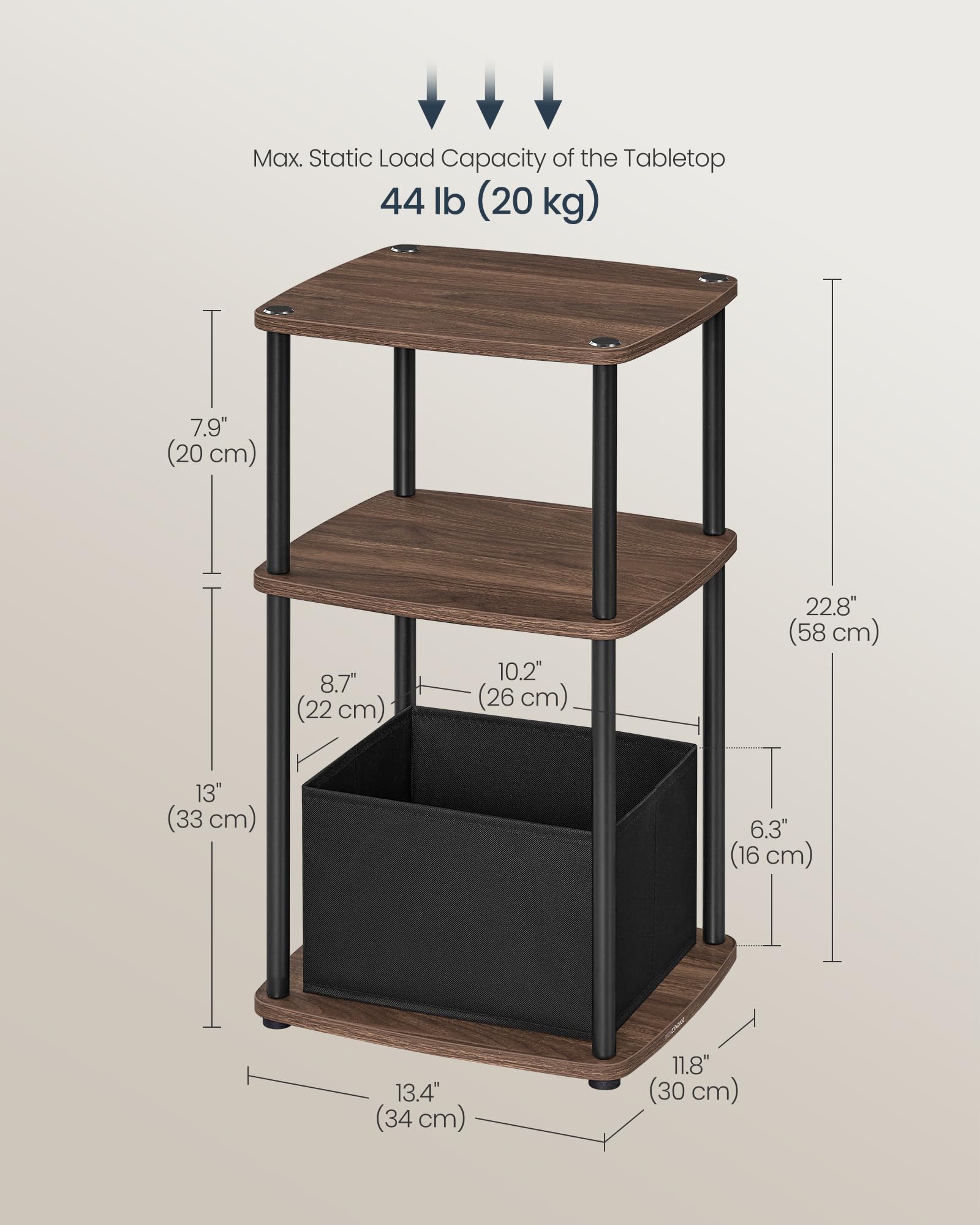 SONGMICS HOME Side Table, Nightstand, End Table with 3 Storage Shelves, Fabric Basket, for Bedroom, Living Room, Steel Frame, 11.8 x 13.4 x 22.8 Inches, Industrial, Ebony Walnut ULET286K01