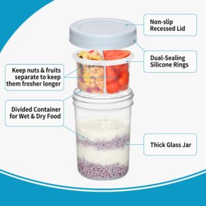 Xyptorix 16 oz Overnight Oats Containers with Airtight Lids - 6-Pack Leak-Proof Wide Mouth Mason Jars & Divided Cups for Dried and Wet Foods, Glass Jars for Chia Pudding, Salad, Snacks, and Yogurt