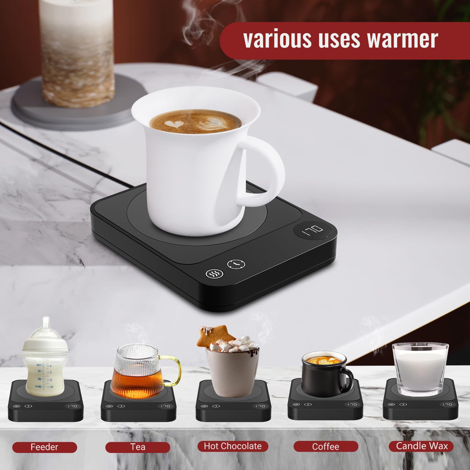 Mug Warmer, 3 Temperature Settings Coffee Mug Warmer, 2-12h Auto - Shut Off Coffee Warmer, Mug Warmer for Desk with LED Digital Display, Smart Coffee Cup Warmer for Milk, Coffee, Chocolate, Candles