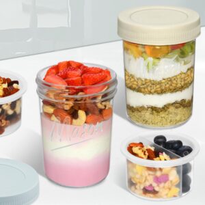 Xyptorix 16 oz Overnight Oats Containers with Lids, 6-Pack Leak-Proof Wide Mouth Mason Jars & Separate Compartments for Fruits/Nuts, Airtight Glass Jars for Chia Pudding, Yogurt, Parfait and Salad