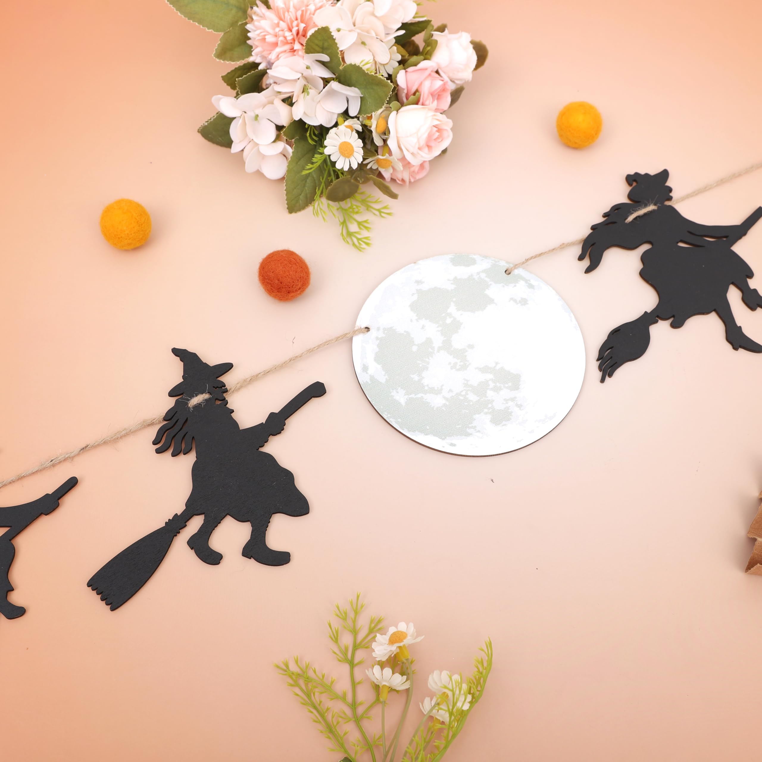 Halloween Witch Full Moon Garland - Wood Witches Banner, Halloween Spooky Fireplace Decor, Autumn Home Decor