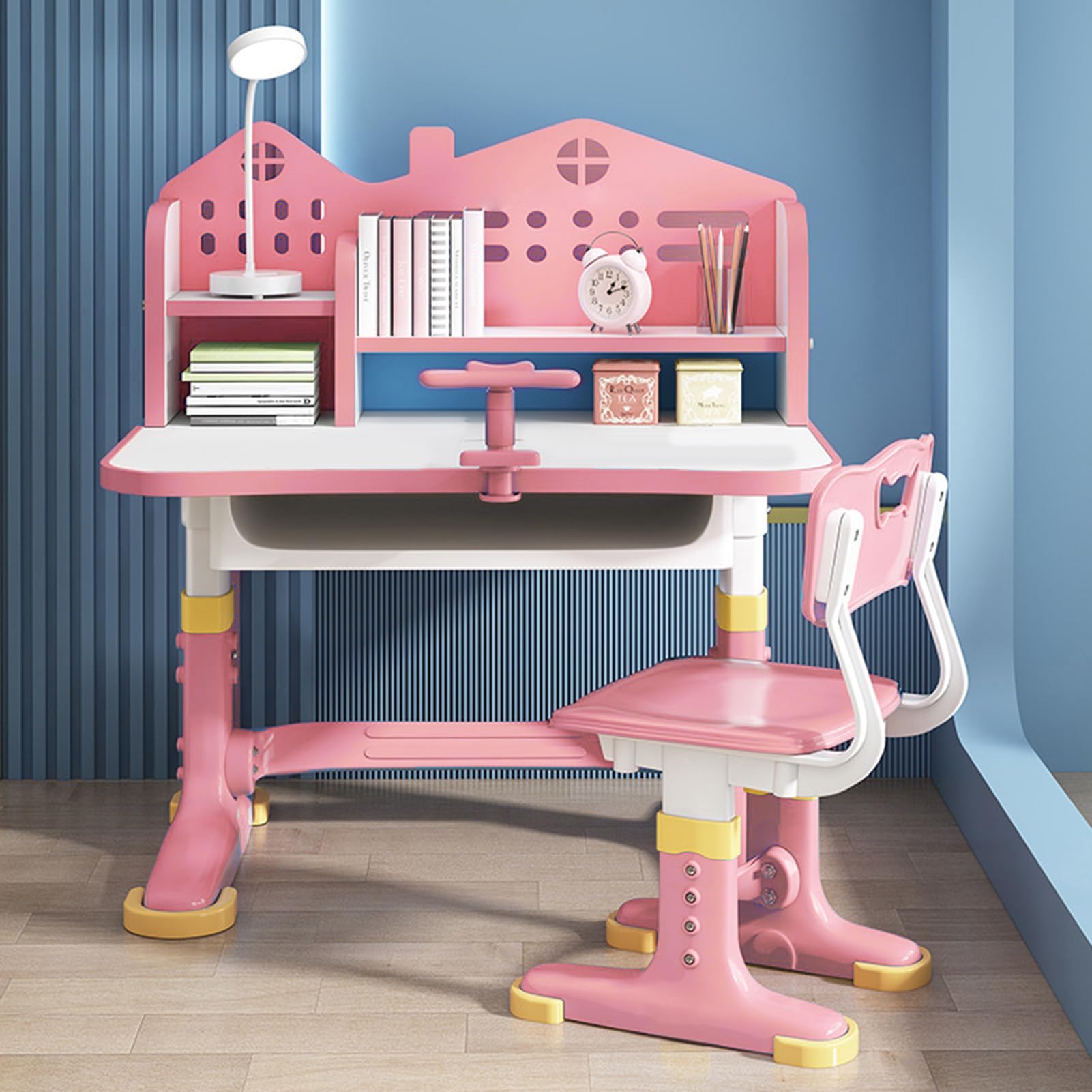 Kids Study Desk and Chair Set Children Desk Height Adjustable Children School Study Desk Student Desk Kids Table and Chairs with Drawer Shelf Desk for Bedroom Pink Kawaii Desk (Pink)