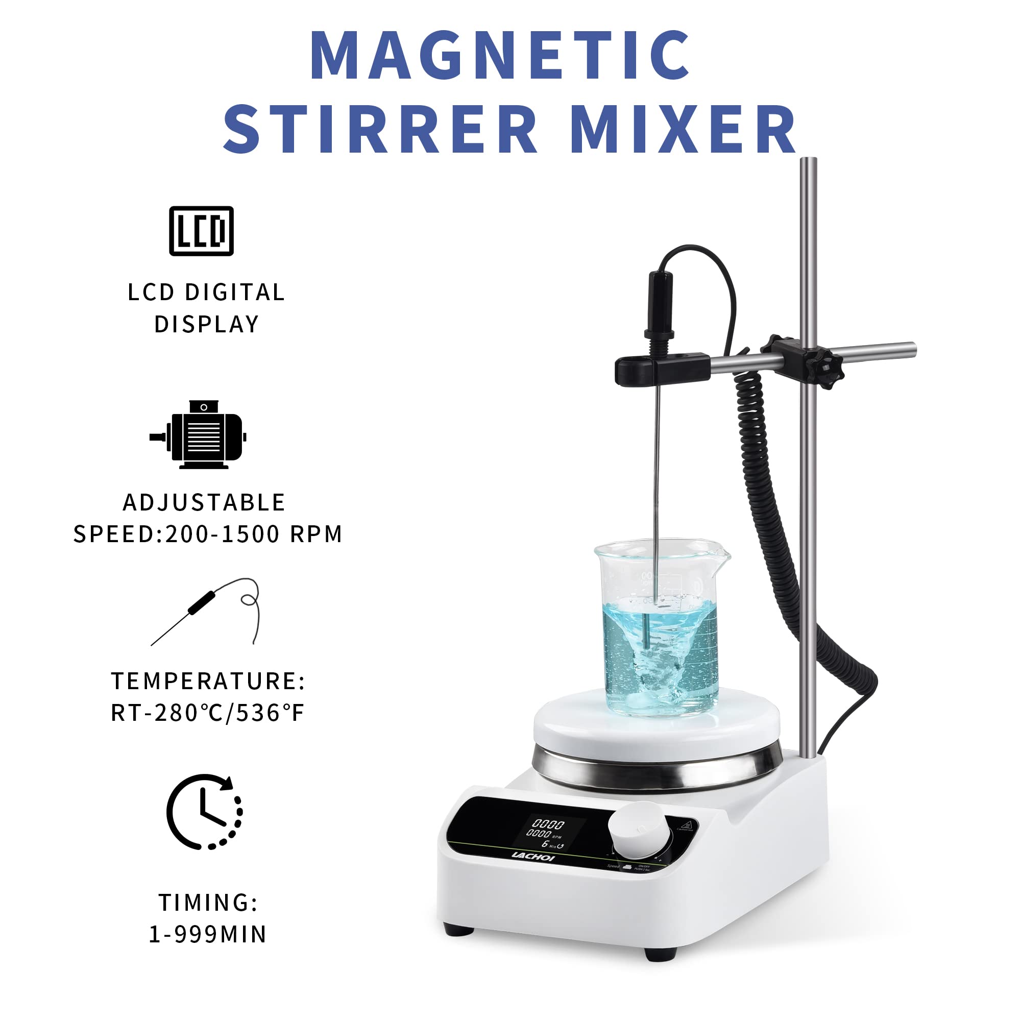 LACHOI Magnetic Stirrer Hot Plate Max 280℃ 5.3 in Magnetic Stir Plate 200-1500RPM 5000ml Capacity Magnetic Hotplate Stirrer Mixer,1-999min Timer,Temp Probe Sensor&Stir Bar(Heating/LCD Display)