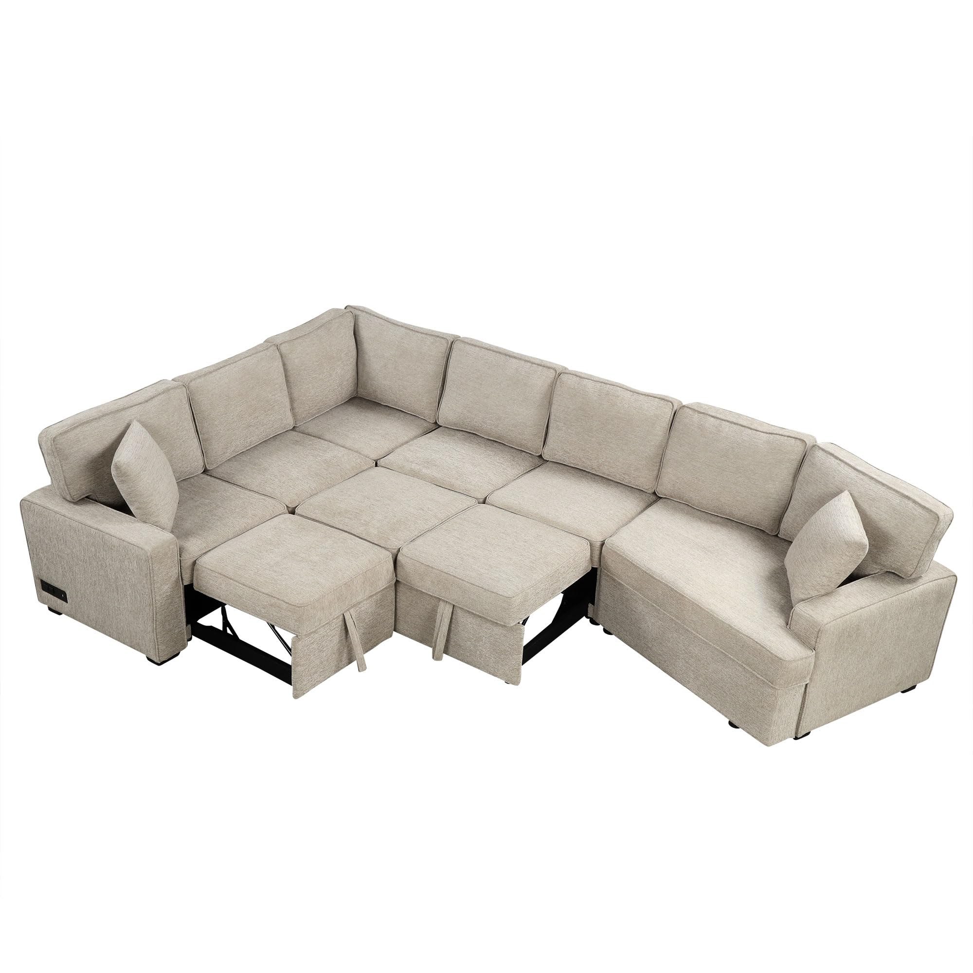 Aiuyesuo Modern 126" L-Shaped Sofa, Sectional Sofa Couch with Charging Devices, Pull-Out Sofa Bed with Cup Holders, Convertible Sectional Sofa for Living Room Apartment (Beige-193J)