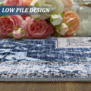 MilleLoom 10x13 Area Rugs, Stain Resistant Washable Rugs with Non-Slip Backing, Large Rugs for Living Room, Bedroom - Soft & Low Pile Vintage Area Rug,Blue