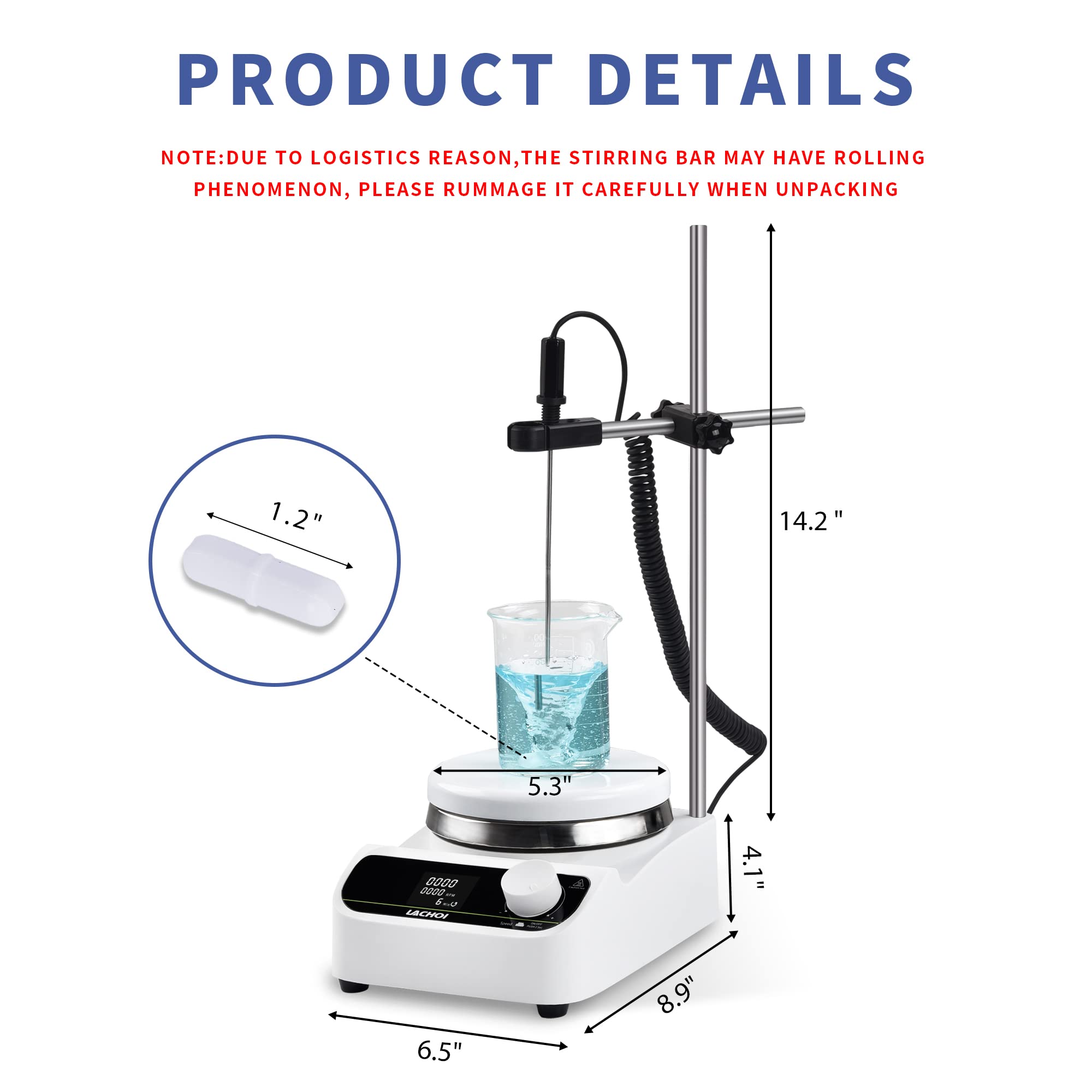 LACHOI Magnetic Stirrer Hot Plate Max 280℃ 5.3 in Magnetic Stir Plate 200-1500RPM 5000ml Capacity Magnetic Hotplate Stirrer Mixer,1-999min Timer,Temp Probe Sensor&Stir Bar(Heating/LCD Display)