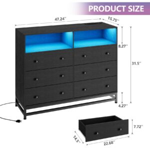 GarveeHome 6 Drawer Double Dresser TV Stand, Bedroom Dresser with Power Outlet & LED Light, Wood Dresser for Room, Hallway, Black