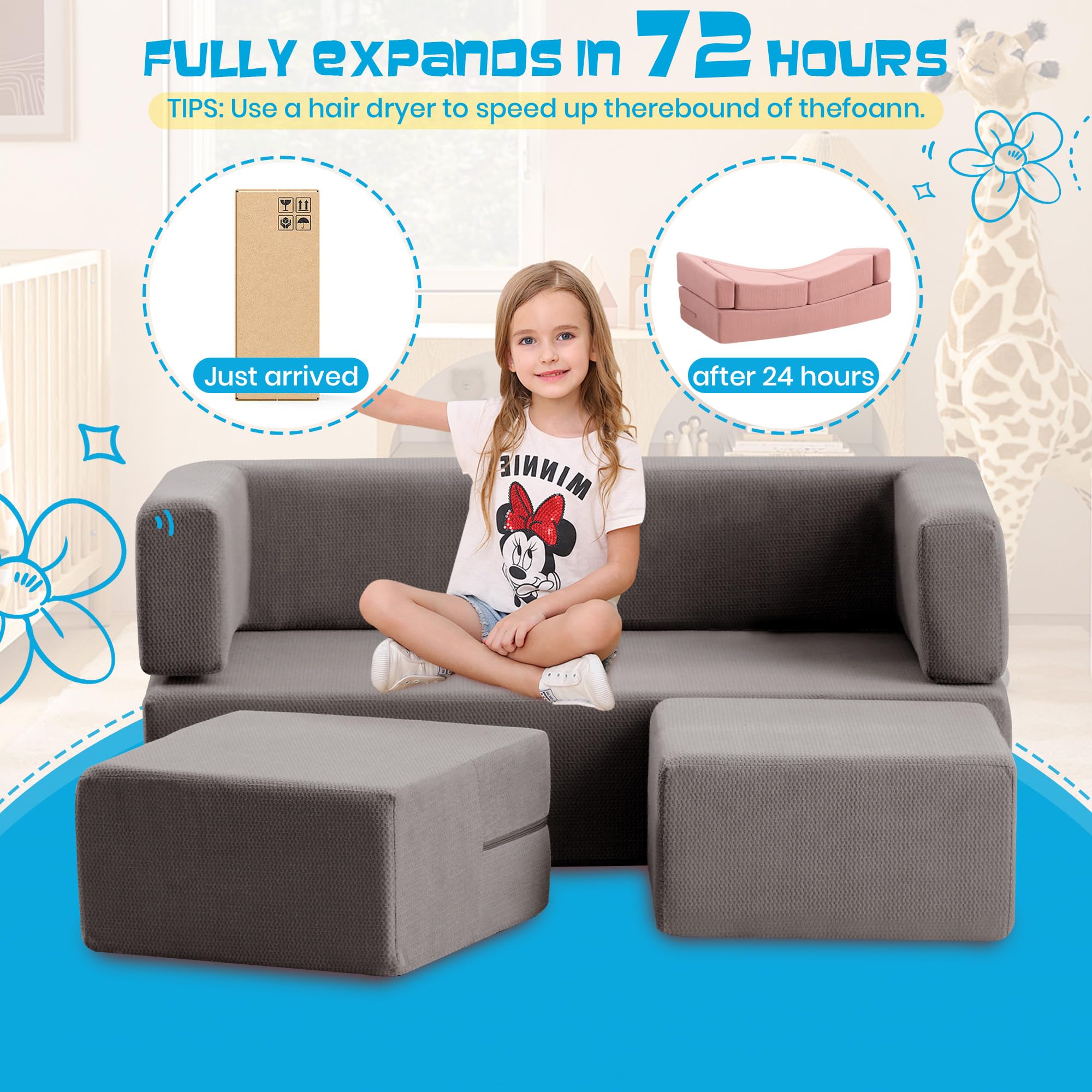 MastonHome Kids Couch - Modular Kids Sofa for Toddler and Baby Playroom/Bedroom Furniture Removable Cover