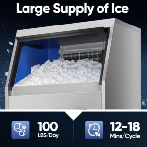 Coolski Commercial Ice Maker Machine, 100LBS/24H Stainless Steel Under Counter Ice Maker with 34LBS Ice Bin, Freestanding Ice Maker for Restaurant, Home, Bar, Office, School, Party