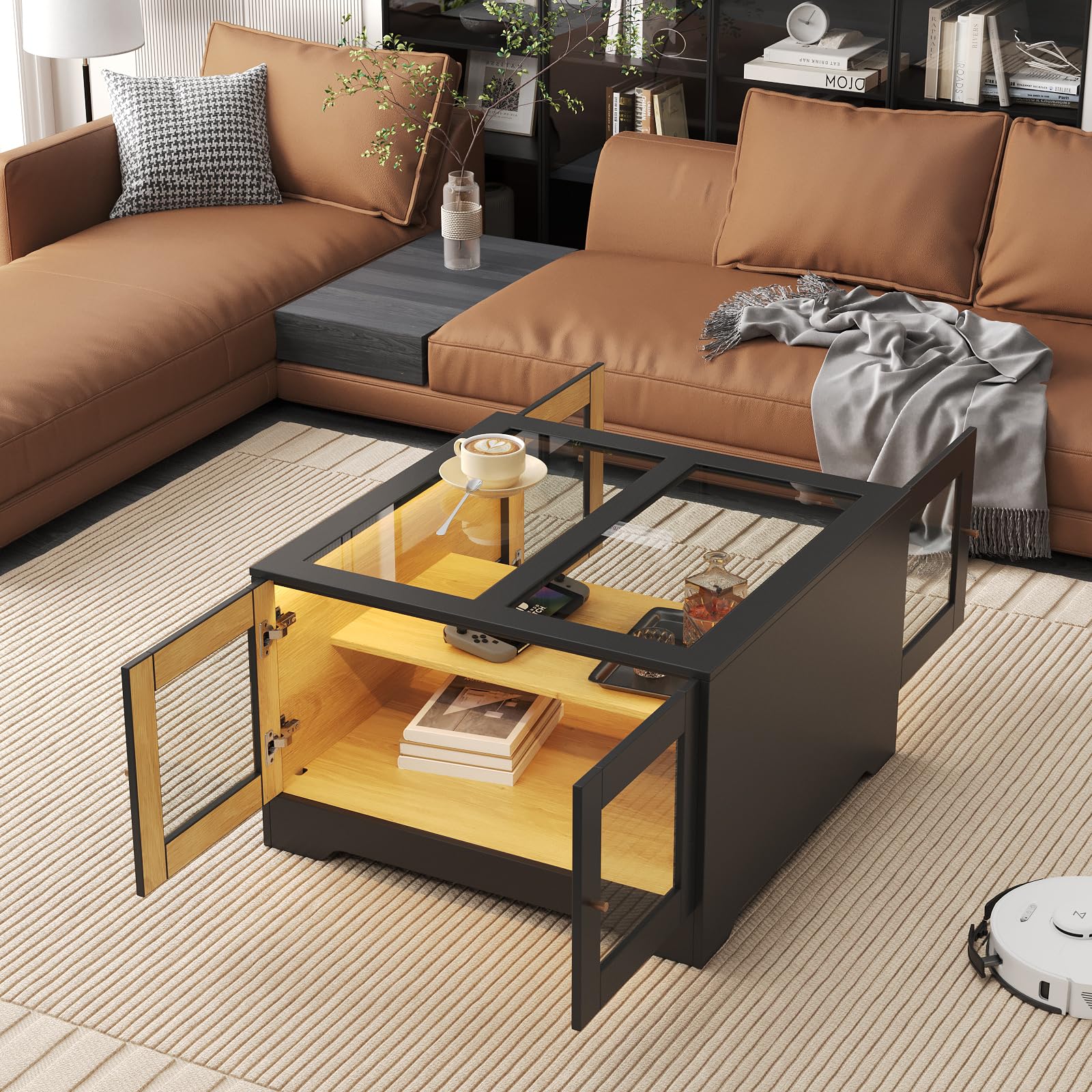 Fameill Square LED Coffee Table with Storage Space, Modern Black Wooden Coffee Table with Glass, Living Room Central Table, Cocktail Table for Living Room, Conference Room and Bedroom