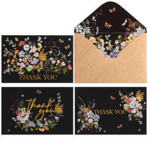 crisky black floral thank you cards with envelopes 50 pack bulk 4x6 inch kraft envelopes gold foil flower greeting cards for baby shower, wedding, bridal shower, graduation, 3 assortment