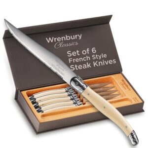 wrenbury classics laguiole steak knives set of 6 stainless steel – dishwasher safe sharp serrated steak knife set, french design steak knives for dining - ivory