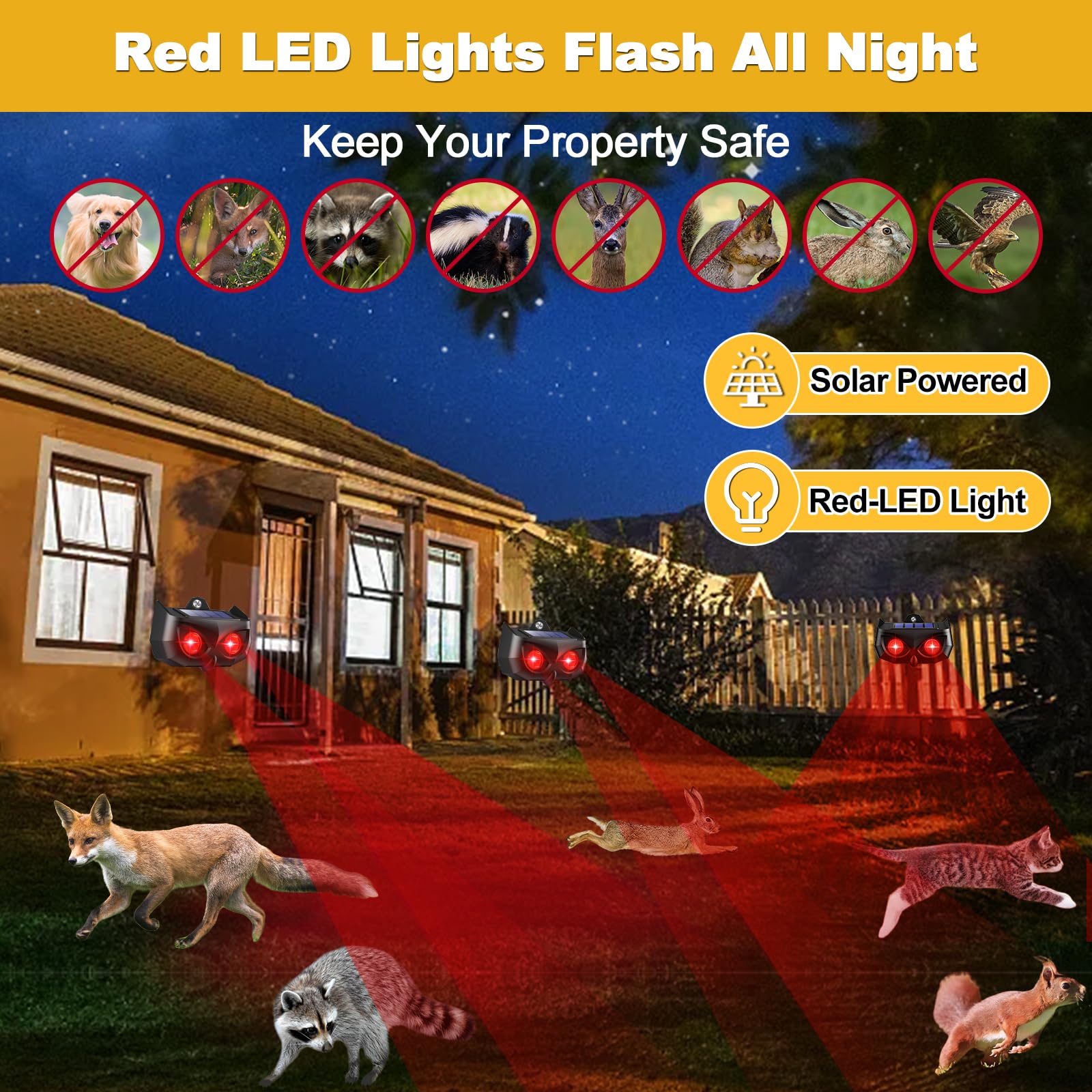 Solar Animal Repellent Outdoor, 2024 Upgraded Predator Nocturnal Animal Repellent with Red LED Flashing Lights to Scare Away Deer Coyote Skunk Raccoon Fox Predator Lights for Chicken Coop Farm 6Pack