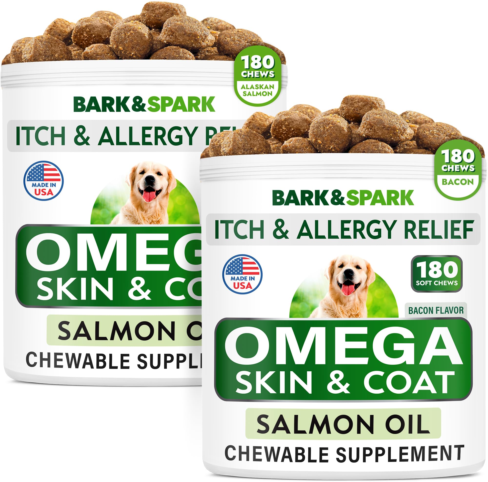 Omega 3 for Dogs and Cats Bundle - 360 Fish Oil Treats Shedding, Skin Allergy, Itch Relief, Hot Spots Treatment -Joint Health -Skin and Coat Supplement - EPA&DHA Fatty Acids - Salmon Oil - Made in USA