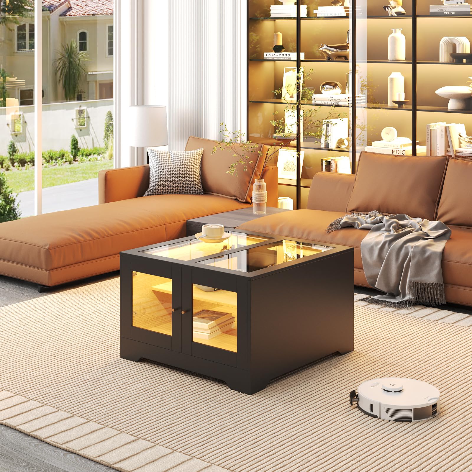 Fameill Square LED Coffee Table with Storage Space, Modern Black Wooden Coffee Table with Glass, Living Room Central Table, Cocktail Table for Living Room, Conference Room and Bedroom