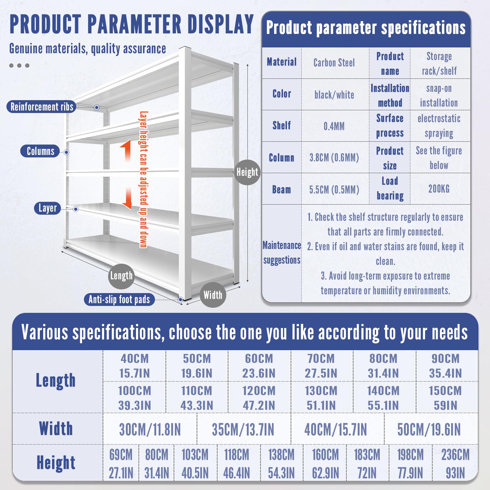 EQWZUPD Garage Shelving, Garage Storage Shelves, Metal Shelving, Single Layer Can Bear 200kg, Adjustable Layer Height, Heavy Duty Shelving for Home, Garage, Supermarket, Warehouse, Kitchen