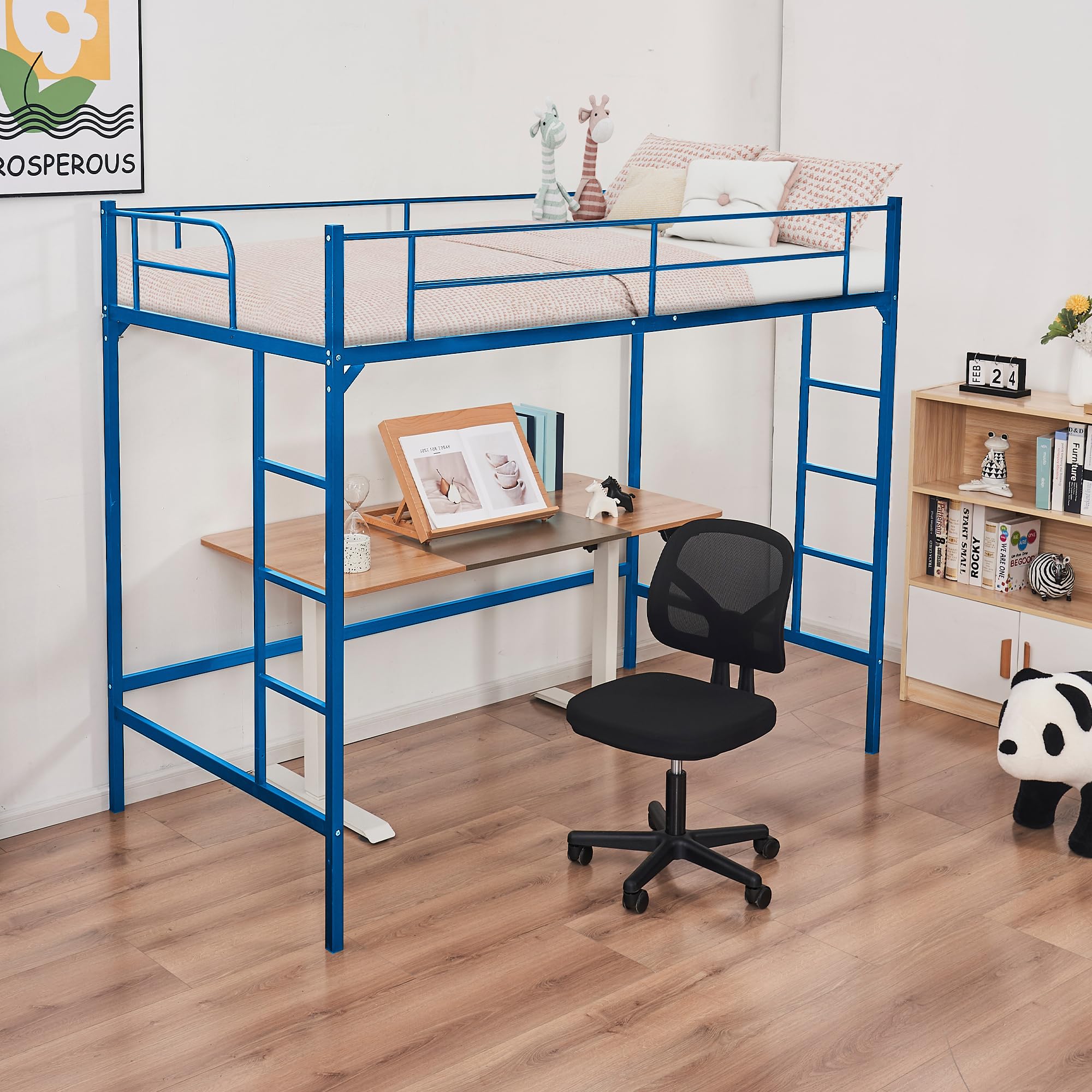 Pipleo Loft Bed Twin Size Metal Frame, Multifunctional Loft Bed with Ladder and Guardrail, Space-Saving, Modern Industrial Style, No Box Spring Needed