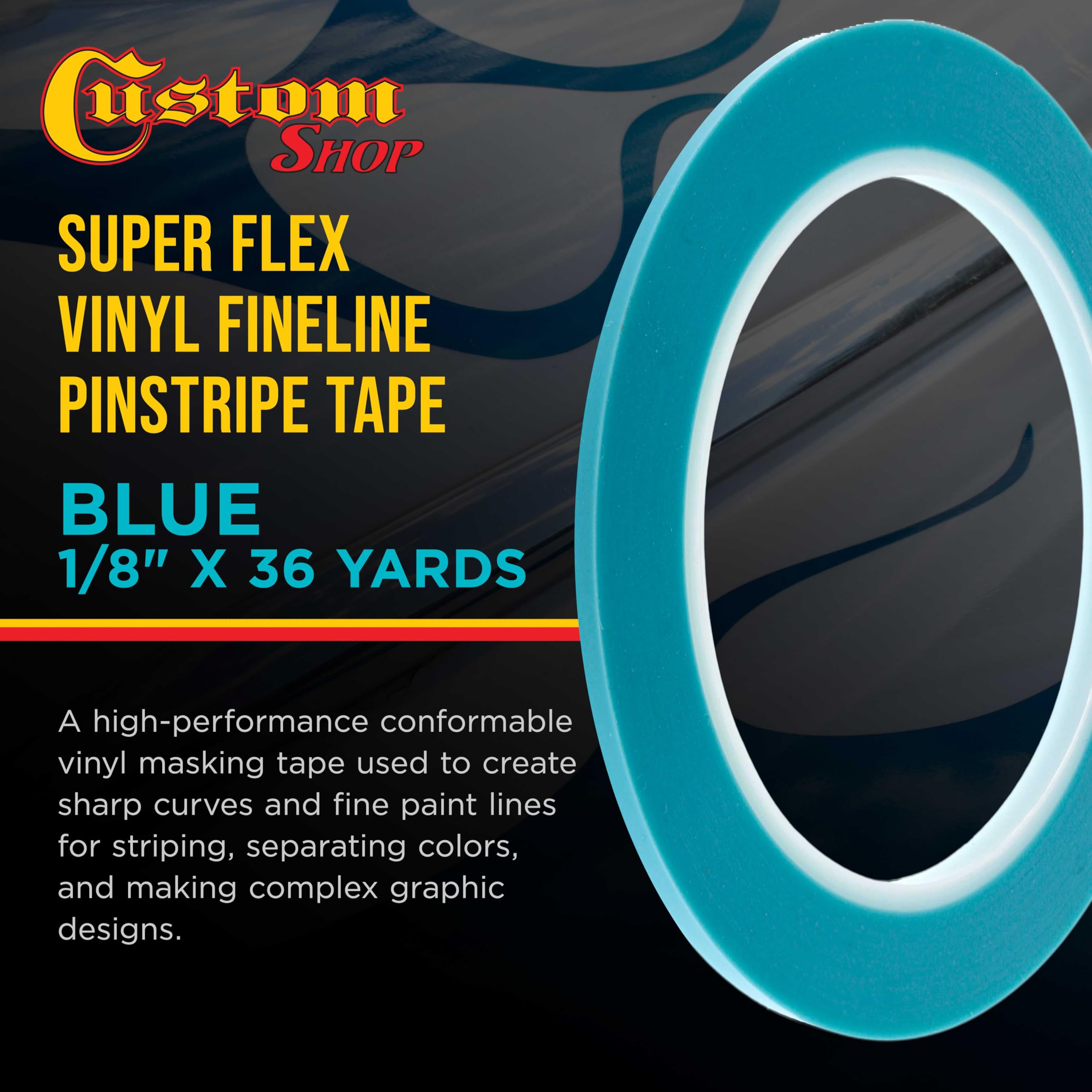 Custom Shop Vinyl Fineline Pinstripe Tape, Blue 1/8" x 36 Yard Roll - Create Sharp Graphic Design Curves, Mask Fine Lines, Conformable Paint Masking Striping Tape for Auto, Motorcycle, Flame Painting