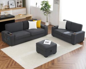 vanacc sofa, 2 piece set with storage ottoman, modern couches with cup holders & usb charging ports, 3 seater sofa and loveseat- charcoal grey chenille couches for living room