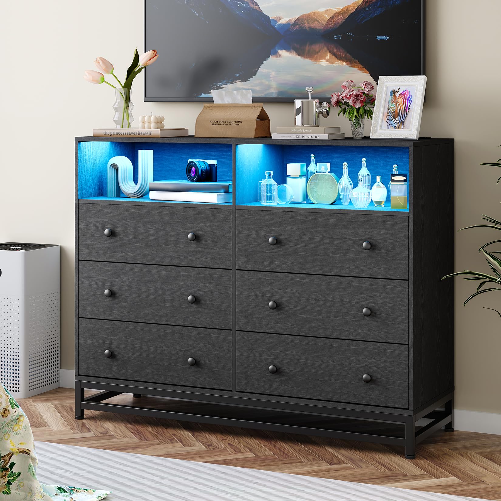 GarveeHome 6 Drawer Double Dresser TV Stand, Bedroom Dresser with Power Outlet & LED Light, Wood Dresser for Room, Hallway, Black