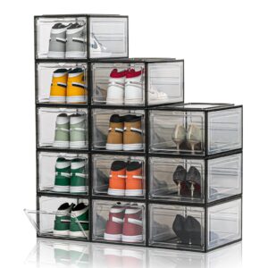 upgraded x-large 12 pack clear shoe storage organizer,stackable shoe rack for closet,plastic shoe boxes with magnetic door,shoe containers for sneaker display,fit up to us size13