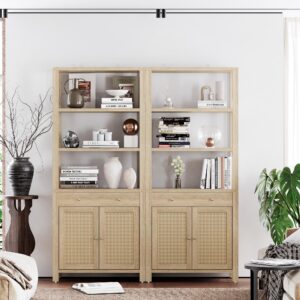 MECHYIN Bookshelf, Bookcase Rattan Boho, Tall 5 Tier Bookshelf Storage Cabinet with Doors and Shelves for Living Room, Bedroom, Kitchen& Library (2 Pieces)