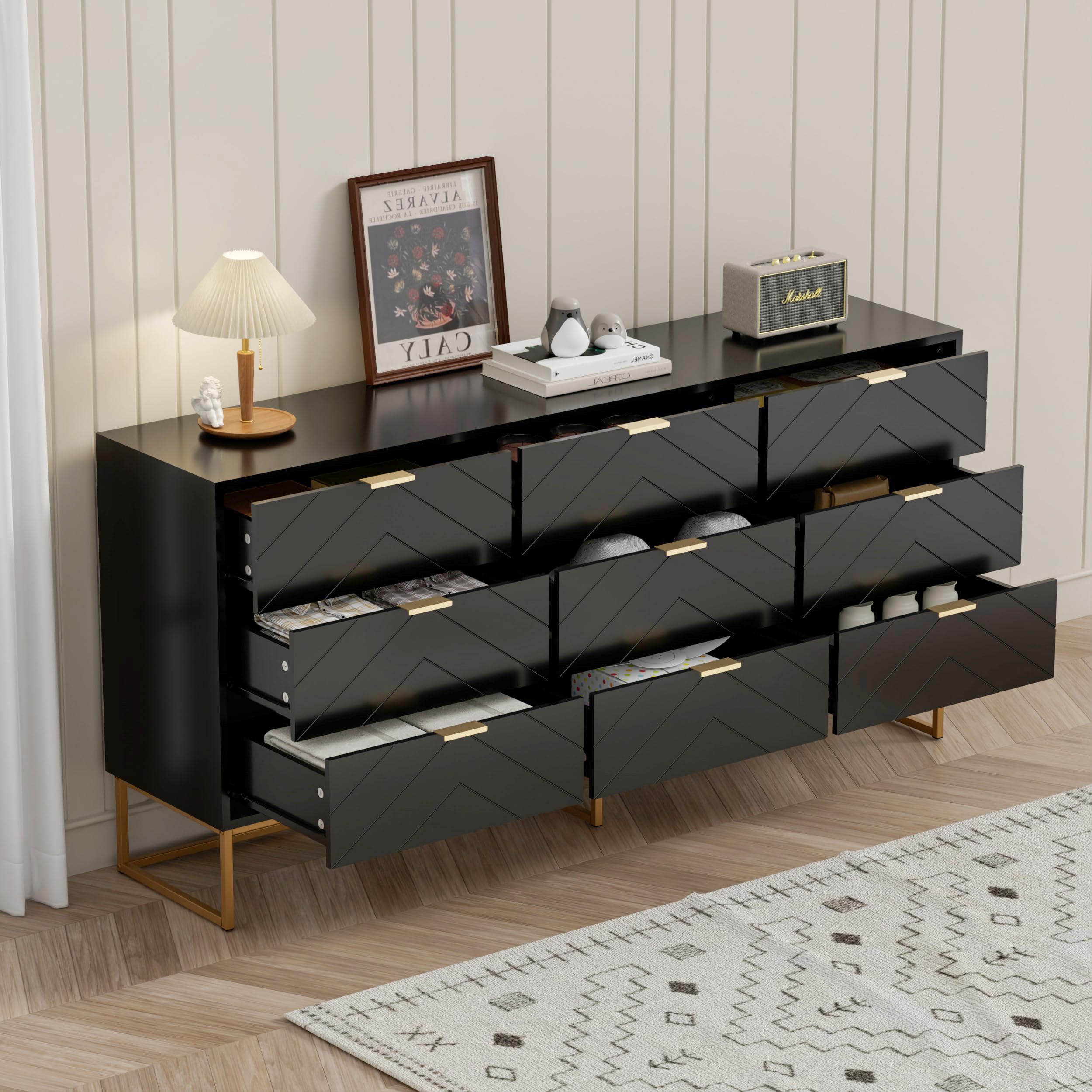 Scurrty Large 9 Drawer Dresser,59 inch Dresser with Chest, Black Storage Dressers,Storage Cabinet for Bedroom, Dressers for Living Room, Bedroom etc.