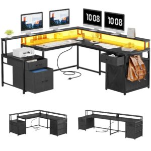 yitahome l shaped desk, 63" reversible computer desk with 3 drawers & power outlets, corner desk with led lights & storage cabinet, long home office desk, black