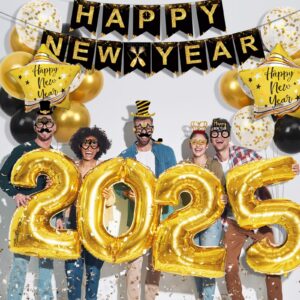 2025 Happy New Years Decorations Set New Years Eve Party Supplies 2025, Happy New Year Banner, Gold Numbers 2025 New Year Balloons, New Year Photo Props and Happy New Year Glasses