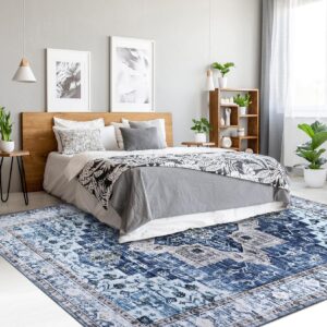 MilleLoom 10x13 Area Rugs, Stain Resistant Washable Rugs with Non-Slip Backing, Large Rugs for Living Room, Bedroom - Soft & Low Pile Vintage Area Rug,Blue