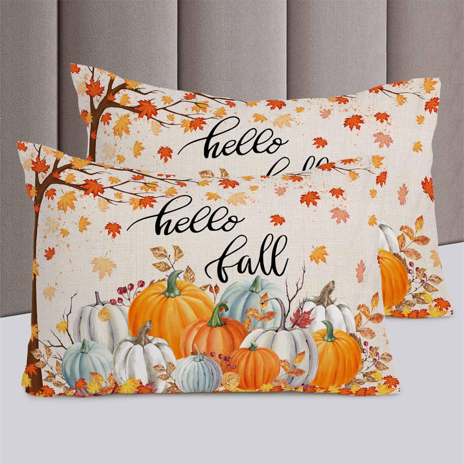 DecorLovee Hello Fall Duvet Cover Set 3 Pieces with Zipper Closure, Pumpkins Autumn Botanical Thanksgiving Rustic Bedding Sets 1 Duvet Cover & 2 Pillow Cases, Comforter Cover Set Duvet Cover Queen