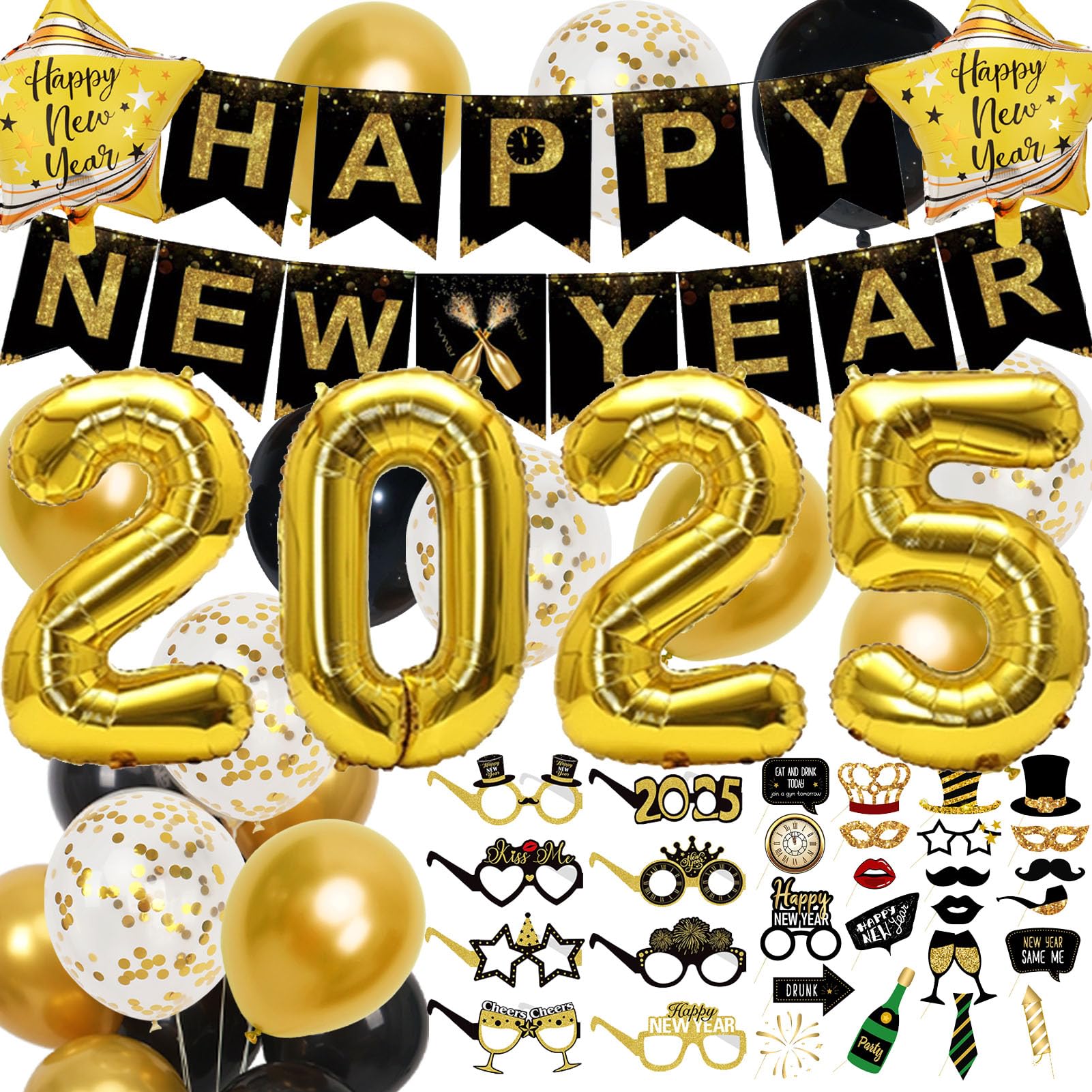 2025 Happy New Years Decorations Set New Years Eve Party Supplies 2025, Happy New Year Banner, Gold Numbers 2025 New Year Balloons, New Year Photo Props and Happy New Year Glasses