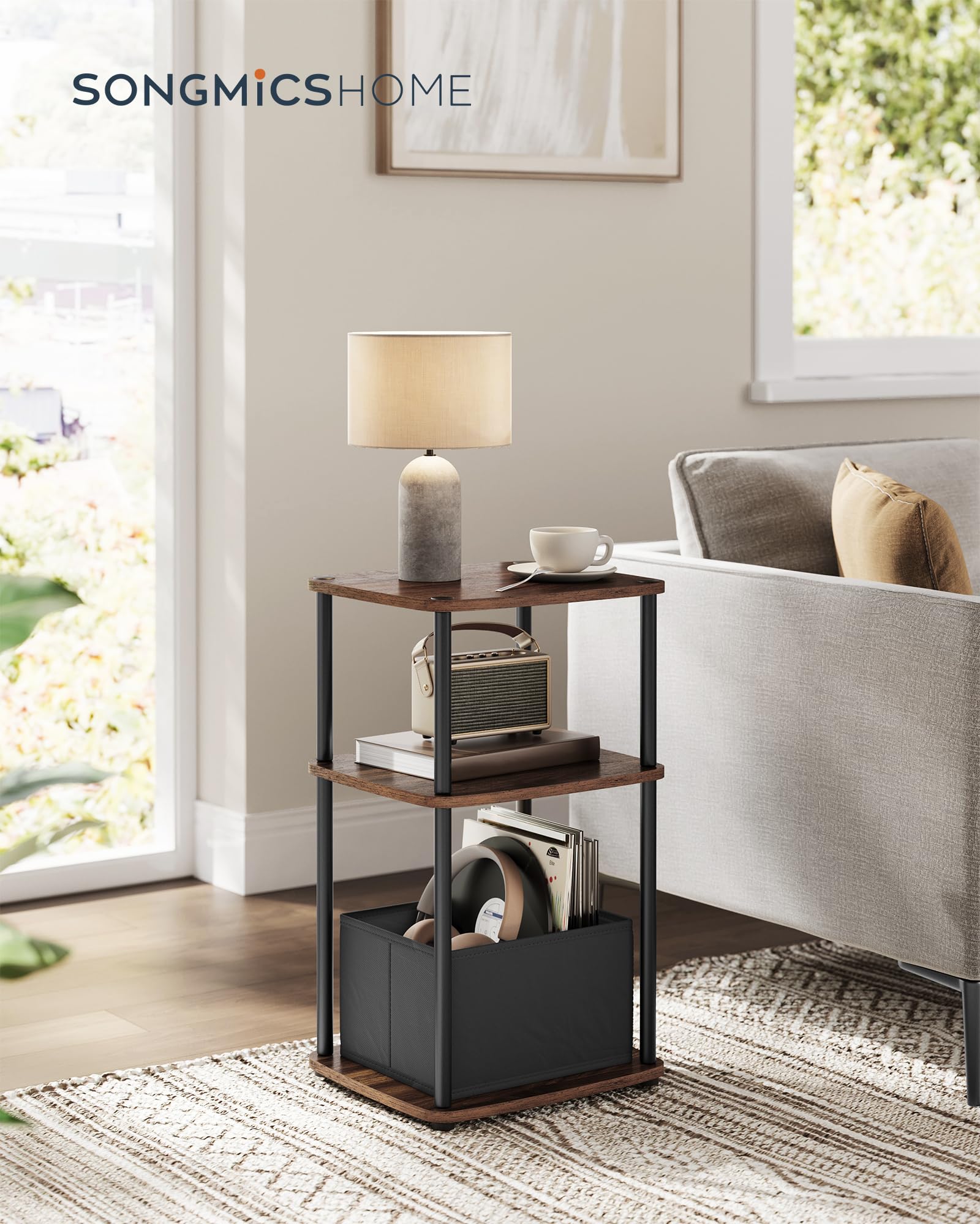 SONGMICS HOME Side Table, Nightstand, End Table with 3 Storage Shelves, Fabric Basket, for Bedroom, Living Room, Steel Frame, 11.8 x 13.4 x 22.8 Inches, Industrial, Ebony Walnut ULET286K01