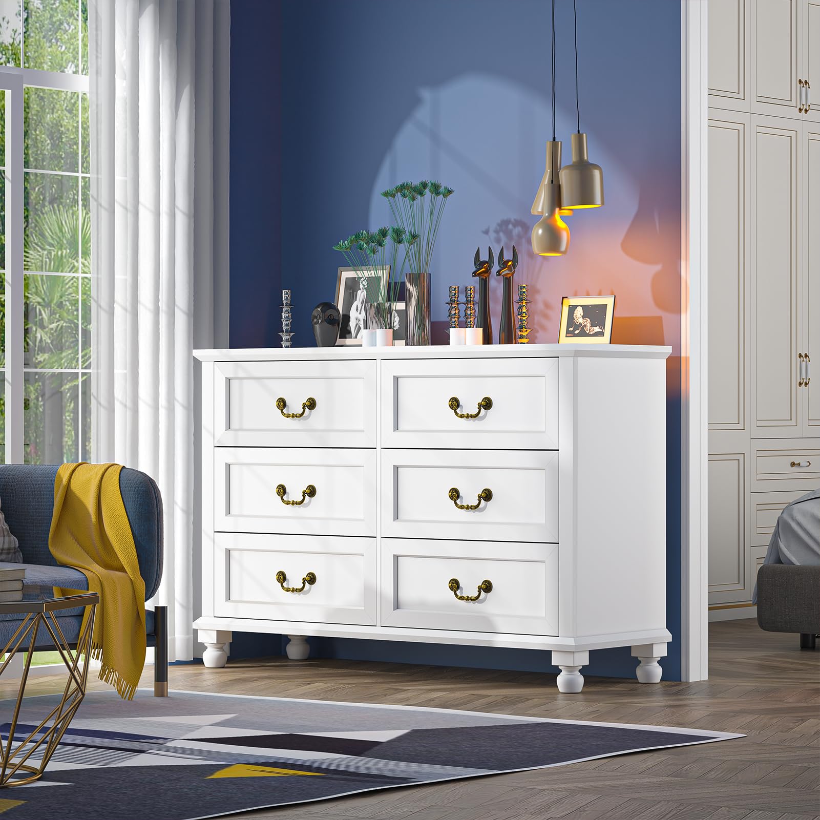 TVU White 6 Drawer Dresser for Bedroom, Vinatge Wood Chest of Drawers with Wide Storage Cabinet (White)