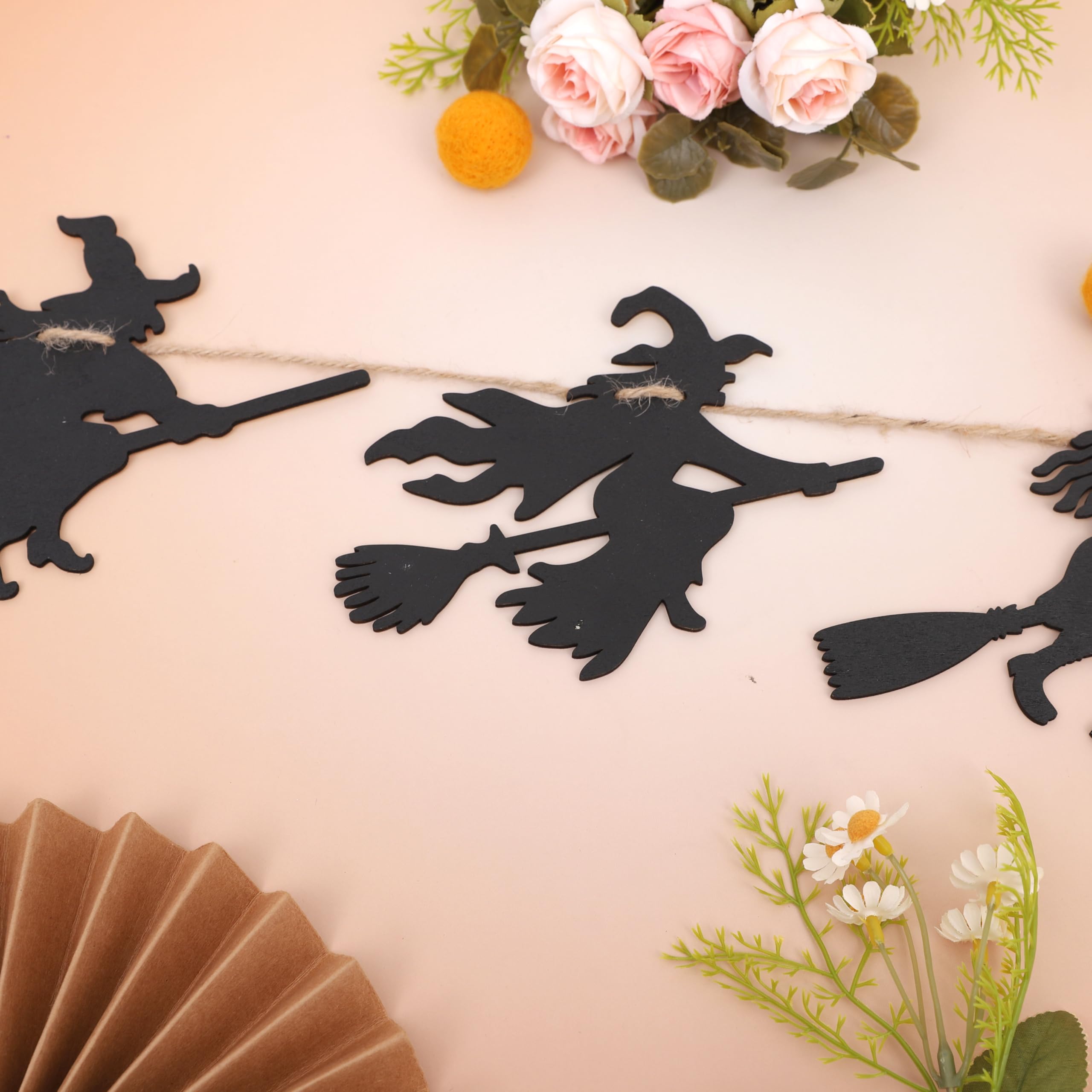 Halloween Witch Full Moon Garland - Wood Witches Banner, Halloween Spooky Fireplace Decor, Autumn Home Decor