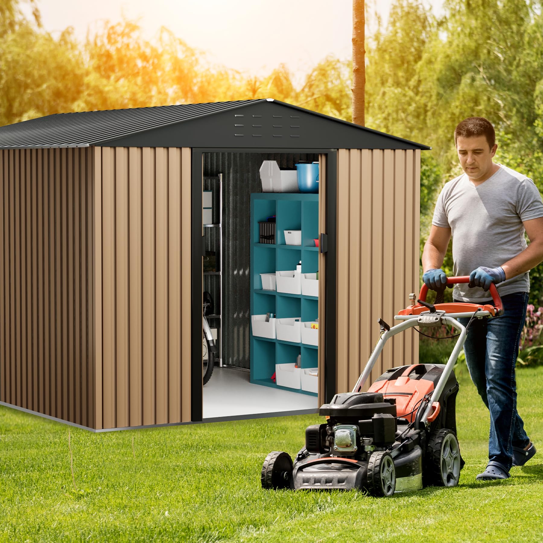 CuisinSmart Large Metal Storage Shed, 10 x 8 FT Outdoor Storage Shed, Metal Garden Tool Shed with Roof, Door & Lock, Waterproof and Anti-UV, for Patio Garden Yard, Brown