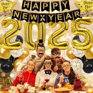 2025 Happy New Years Decorations Set New Years Eve Party Supplies 2025, Happy New Year Banner, Gold Numbers 2025 New Year Balloons, New Year Photo Props and Happy New Year Glasses