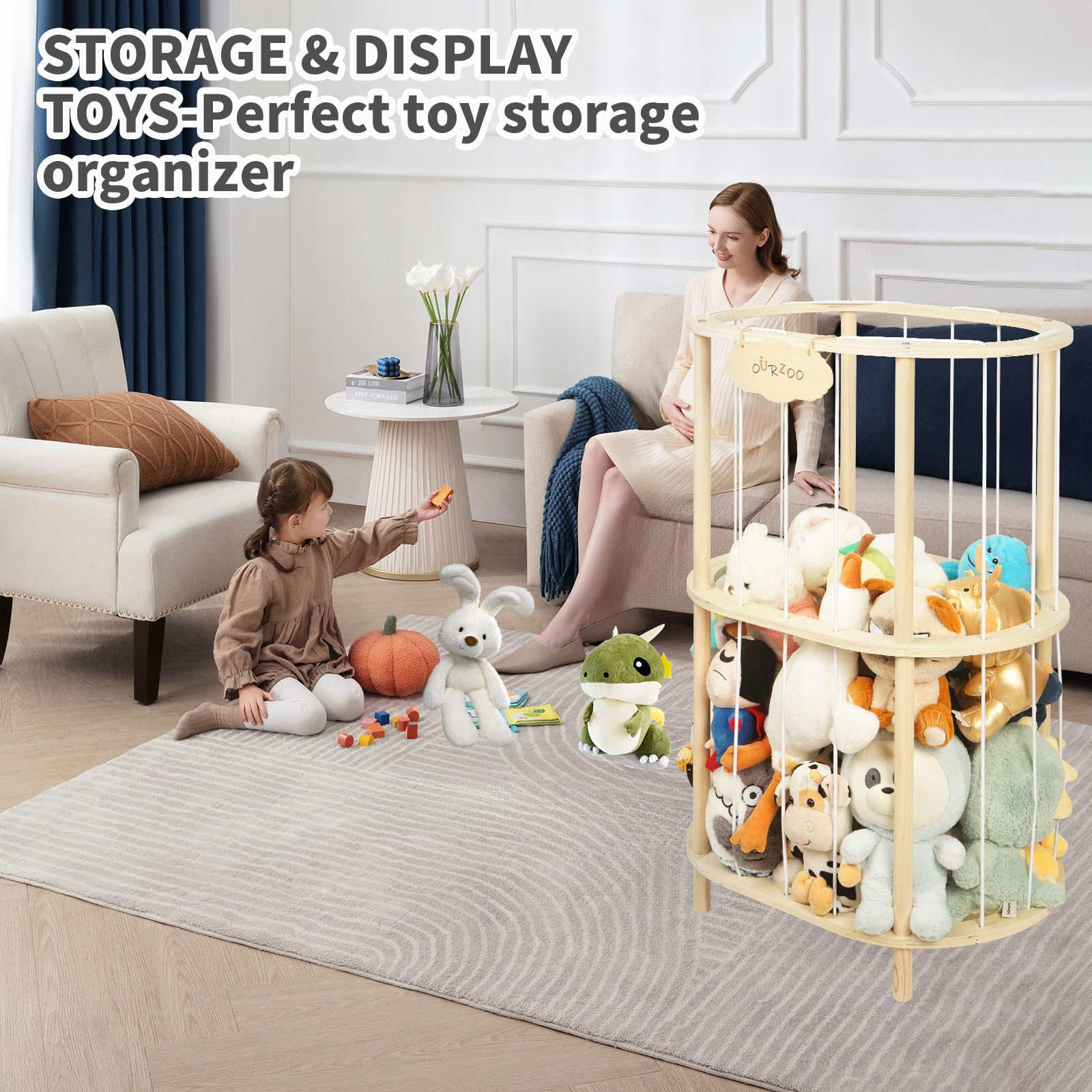 Viyuse Stuffed Animal Zoo Storage Extra Large Wooden Stuffed Animal Holder Soft Toy Organizer Nursery Zoo Cage Plush Stuffed Toy Cage Kids Playroom Bedroom Decor Display Corner Ellipsoid