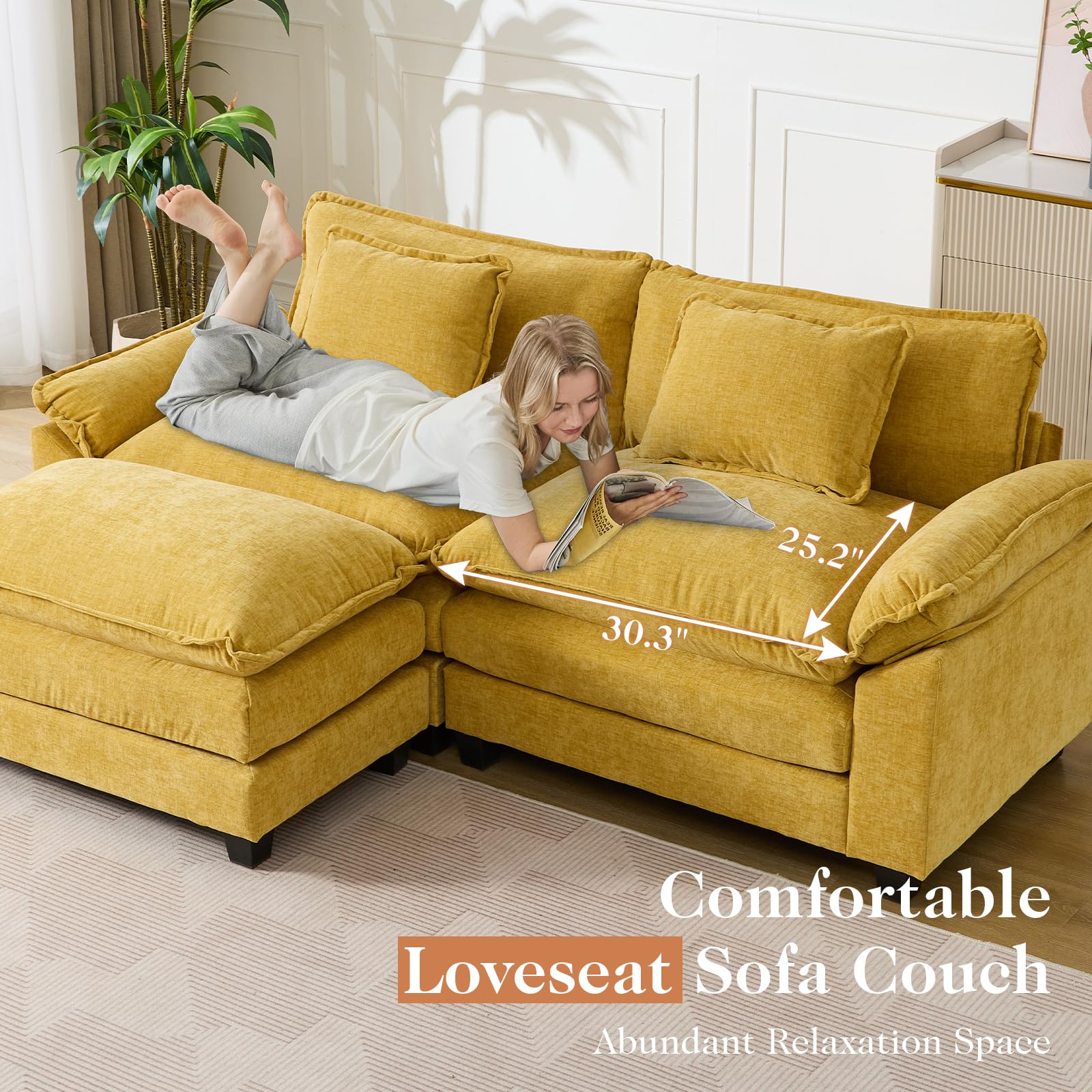 SENIFIS 86" Sectional Sofa Couch, Chenille L-Shaped Loveseat Sleeper Sofa Couch with Movable Ottoman,Lumbar Pillows, Comfy Cloud Sofa Couches for Living Room (Yellow, Loveseat)