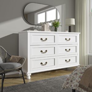 TVU White 6 Drawer Dresser for Bedroom, Vinatge Wood Chest of Drawers with Wide Storage Cabinet (White)