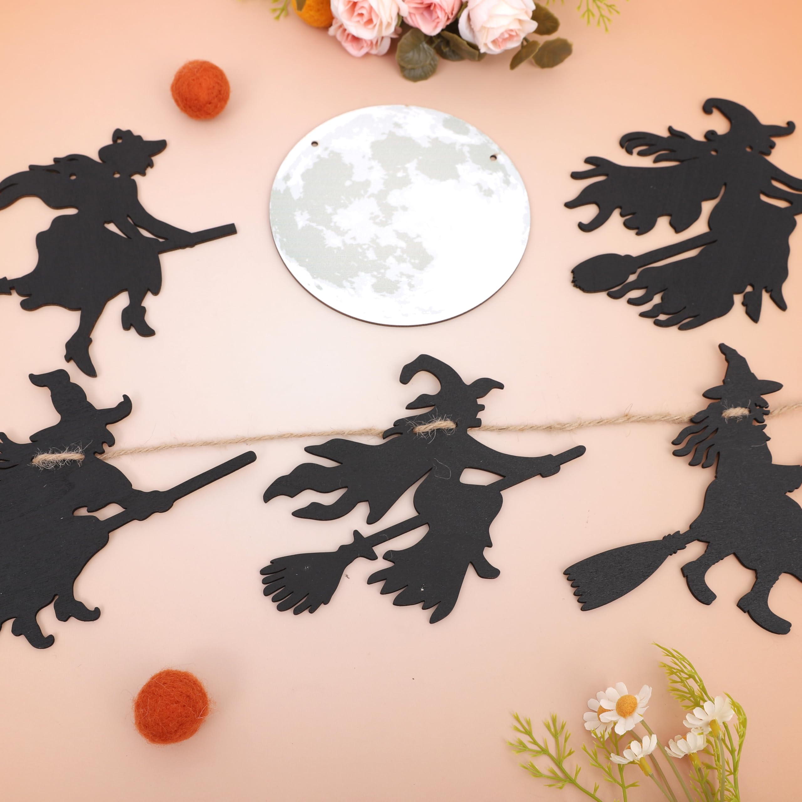 Halloween Witch Full Moon Garland - Wood Witches Banner, Halloween Spooky Fireplace Decor, Autumn Home Decor