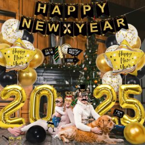 2025 Happy New Years Decorations Set New Years Eve Party Supplies 2025, Happy New Year Banner, Gold Numbers 2025 New Year Balloons, New Year Photo Props and Happy New Year Glasses